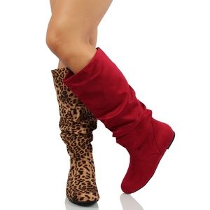 Shoes | Cherry Red Faux Suede Slouchy Knee High Flat Boot | Poshmark